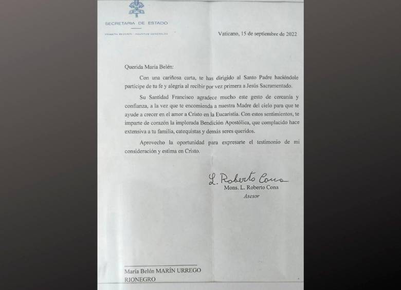 El Papa Francisco le respondió una carta a una niña de 7 años de Rionegro