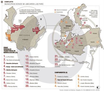Mapa de las zonas de normalización, dónde se ubicarán las Farc